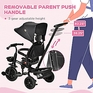 Qaba Kids Tricycle 4 in 1 Trike with Reversible Seat, 2.8'-3.1' Height Push Handle, Canopy, Handrail, Safety Belt, Storage Footrest Brake Clutch, for 1-5 Years Old, Black