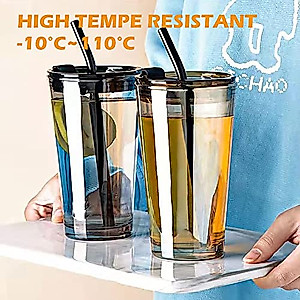 Glass Tumbler with Lid and Straw, Leakproof Glass Cups with Lids and Straws, 3-Way to Drink Drinking Glasses, Iced Coffee Cup Silicone Sleeve Smoothie Cup, Boba Cup for Travel Office Picnic (black)