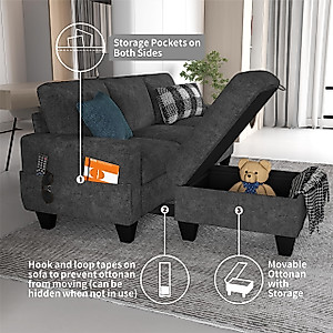 Sectional Sofa L-Shaped Couch, Snowflake Fabric Couch for Living Room with Reversible Storage Chaise & Side Storage Pockets, 3-Seat Sofa for Living Room/Apartment/Dorm/Office/Small Space (Gray)