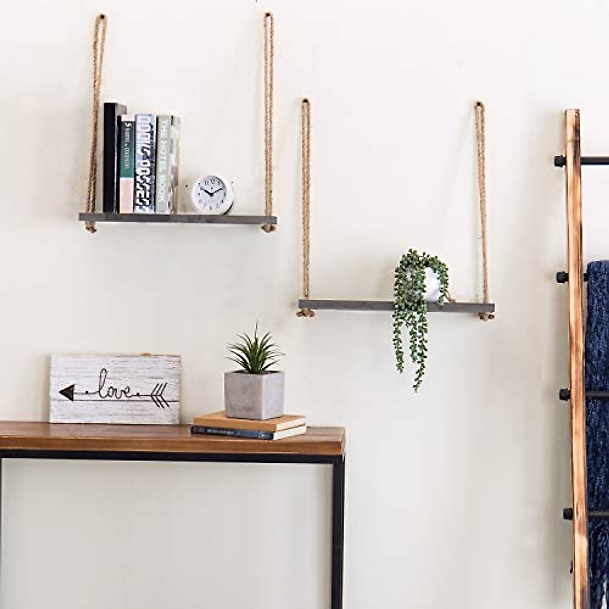 MyGift 17-inch Dark Gray Wood Hanging Rope Swing Shelves, Set of 2