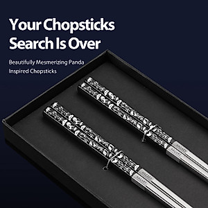 Hagary Panda Black Chopsticks Metal Chopsticks Reusable Designed In Korea Japanese Style Stainless Steel 316 18/10 Non-Slip Dishwasher Safe (Black - 2 Pairs)