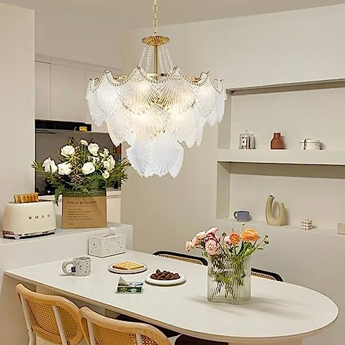 FINE MAKER Modern Glass Chandelier, 24'' Golden Vintage Chandelier for Dining Room, 3 Tiers Hanging Pendant Ceiling Light Fixture with Glass Shell Pearl Shades for Living Room, Bedroom, Kitchen