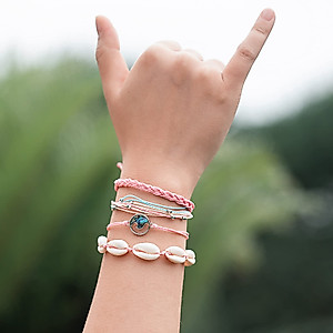FANCY SHINY Wave String Bracelets Braid Puka Shell Bead Bracelets Handmade Cute Trendy Boho Jewelry Gifts for Women(Pink)