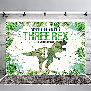 Hilioens 5×3ft Three-rex Birthday Backdrop for Boys Dinosaur 3rd Birthday Green Leaf Background 3 Years Old Dinosaur Theme Party Banner Decorations