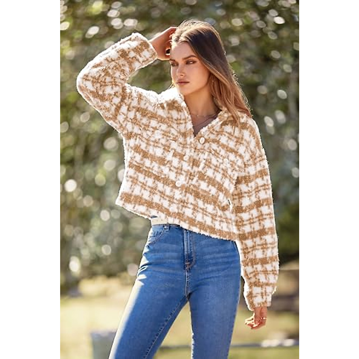 PRETTYGARDEN Women's Fall Plaid Shacket Jacket Faux Fur Lapel Open Front Cropped Winter Coats Outerwear (Light Khaki,Small)