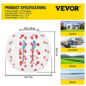 Happybuy Inflatable Bumper Ball 4 FT / 1.2M Diameter, Bubble Soccer, Blow It Up in 5 Min, Inflatable Zorb Ball for Adults or Children