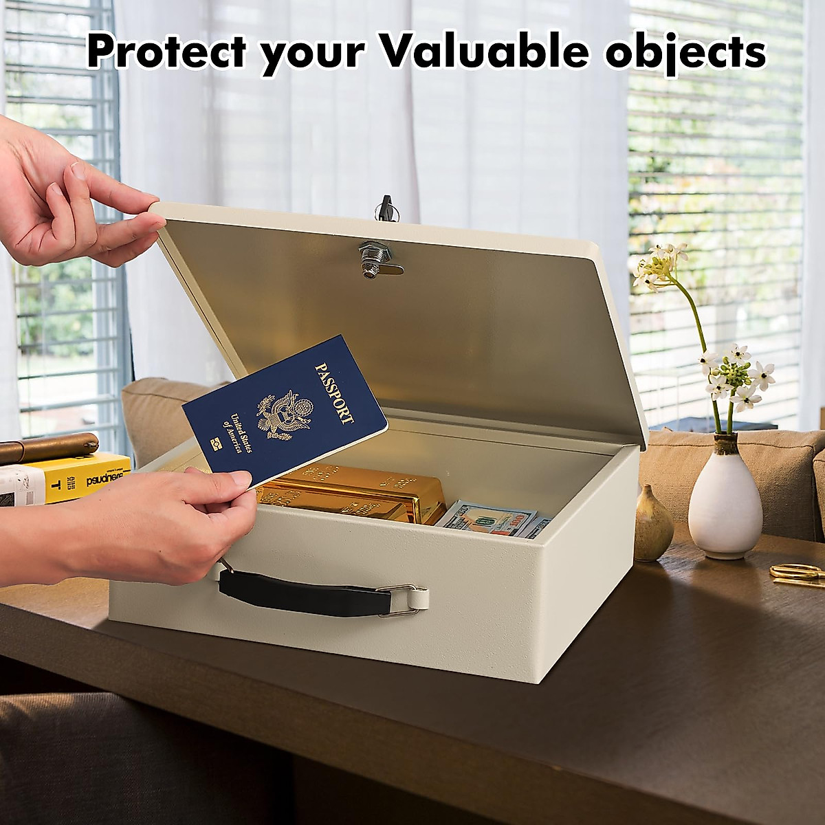 KYODOLED Fireproof Document Box with Key Lock,Safe Storage Box for Valuables,Fire Resistance Security Chest,Fireproof Box for Documents,Passport,Cash,Tablet 12.8'' x 8.4'' x 4.5'' Beige