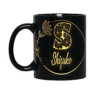 Coffee Mug Personalized Shizuko Name & Initial Letter Monogram Floral Alphabet Mug Golden Flowers Custom Black Coffee Cup, Gift for Her Mom Coworker Sister, Wife, Girl 11oz Black Mug 632001