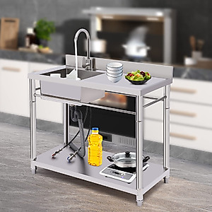 Stainless Steel Sink, Free Standing Single Bowl Commercial Kitchen Sink Kitchen Sink with Faucet & Shelf Kitchen Prep Outdoor Unity Sink for a Laundry Room Garage 31.5” x 39.37” x 19.68”