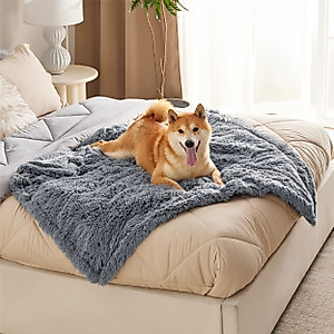 Bedsure Waterproof Dog Blankets for Large Dogs - Calming Cat Blanket for Couch Protector Washable, Long Faux Fur Pet Throw Blanket for Puppy, Reversible Furniture Protection, 40"x50", Grey