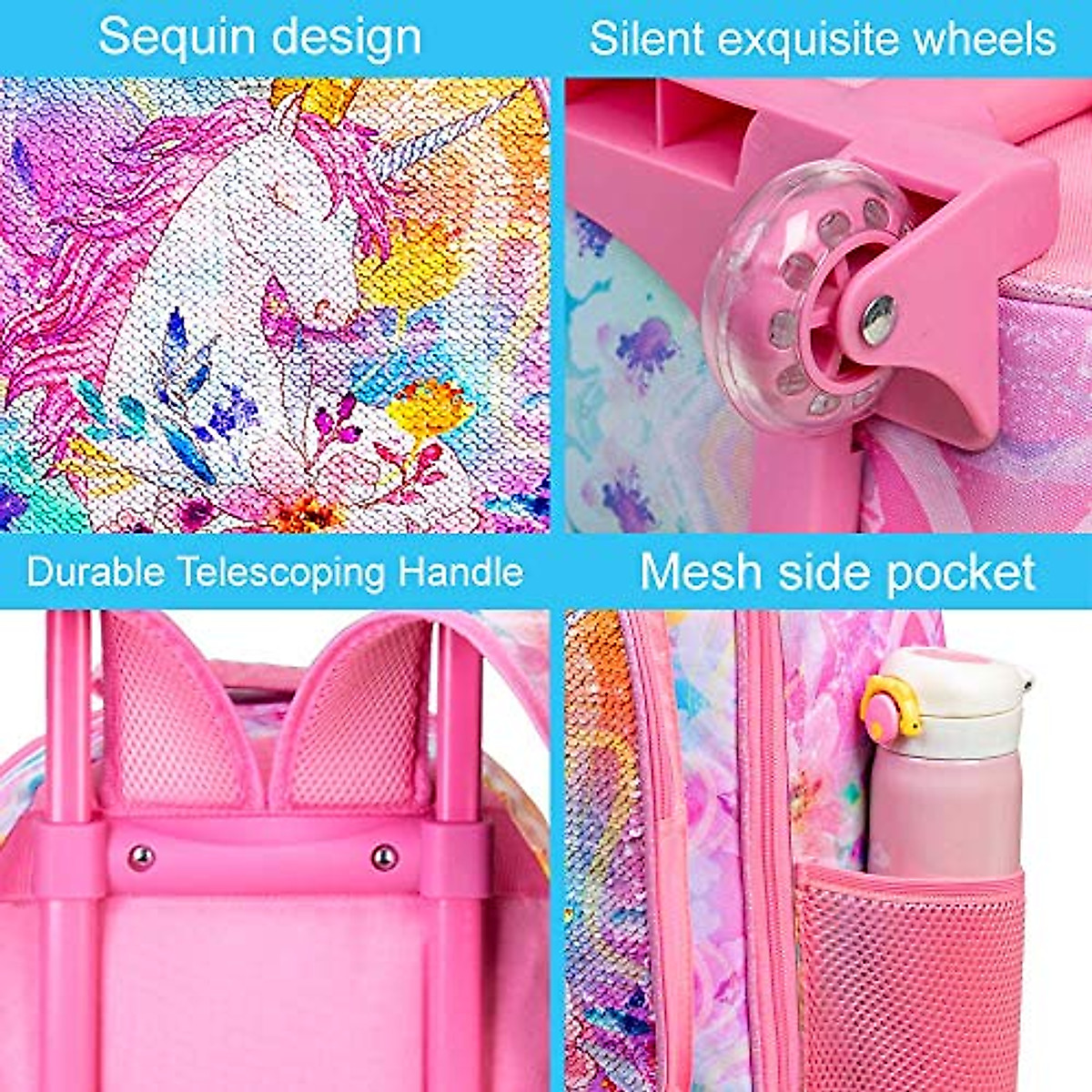 CCJPX 4PCS Kids Rolling Backpack for Girls, Unicorn Sequin Roller Wheeled Bookbag Toddler Elementary School Bag with Wheels One Size