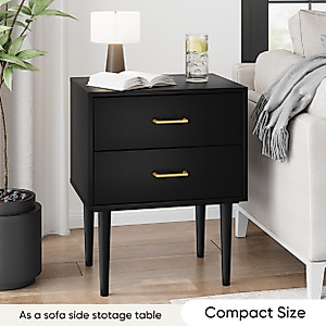 Smart FENDE Night Stand, Black Nightstand with 2 Drawers, 26" Tall Modern Bedside Table, Mid Century Modern End Table, Wood Night Stand with Solid Wood Leg for Bedroom