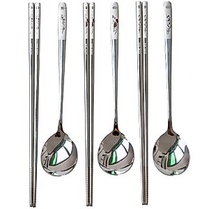 YAPULLYA Reusable Chopstick and Spoon Set, Korean Long Handle Stainless Steel Spoon and Chopsticks Set, Dishwasher Safe Metal Chop sticks, Set of 3. (Multi-patterned)