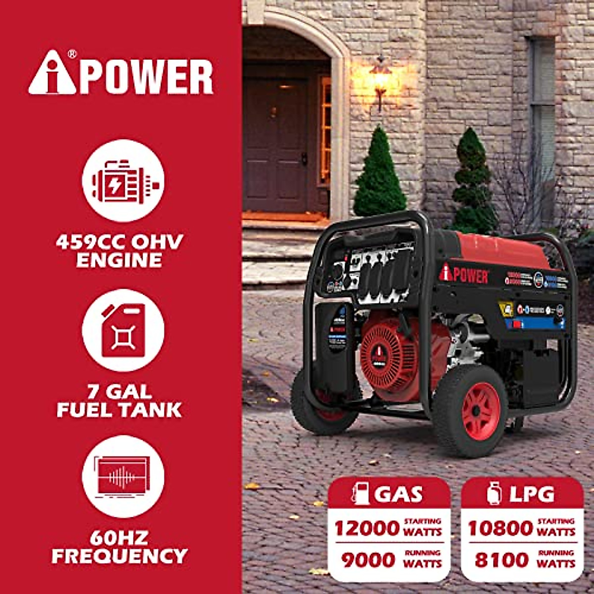 A-iPower SUA12000ED 12000 Watt Portable Generator Heavy Duty Gas & Propane Powered with Electric Start for Jobsite, RV, ED, Whole House Backup Emergency