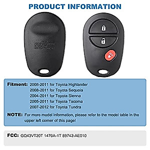 ECCPP Keyless Entry Remote Key Fob for Toyota for Highlande for Sequoia for Sienna for Tacoma for Tundra 2004-2014 FCC GQ43VT20T 1470A1T 89742AE010-1PCS