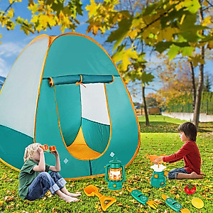 KAQINU Kids Camping Set, 33 PCS Pop Up Play Tent with Kids Camping Gear Toys, Indoor and Outdoor Camping Tools Pretend Play Set for Toddler Boys & Girls -