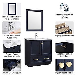walsport Bathroom Vanity with Sink 32" Navy Cabinet White Undermount Ceramic Vessel Sink Vanities Set Chorme Faucet Drain with Mirror
