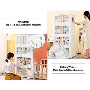 3Pcs Lidded Home Storage Bins with Lids for Cabinet 8.5Gal Stackable Closet Organizer on Wheel for Clothes Organizing Containers with Handle,Collapsible Storage Box for Snacks Pantry Bedroom Dorm