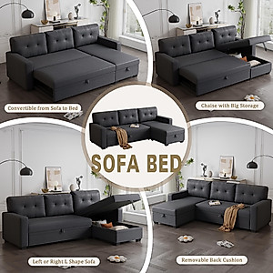 Acosure 82" Pull Out Couch with Storage Chaise,L-Shape Sectional Sofa Bed W/Tufted Backrest,3 Seater Convertible Sleeper for Living Room Apartment Office,Dark Gray