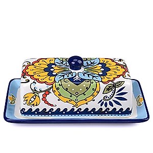 NAGU Hand Drawn Ceramic Butter Dish with Lid, Farmhouse Butter Plate Tray with Cover, Vintage Cheese Container Holder for Kitchen Countertop, Decorative Colored Country Style Home Butter Keeper Saver