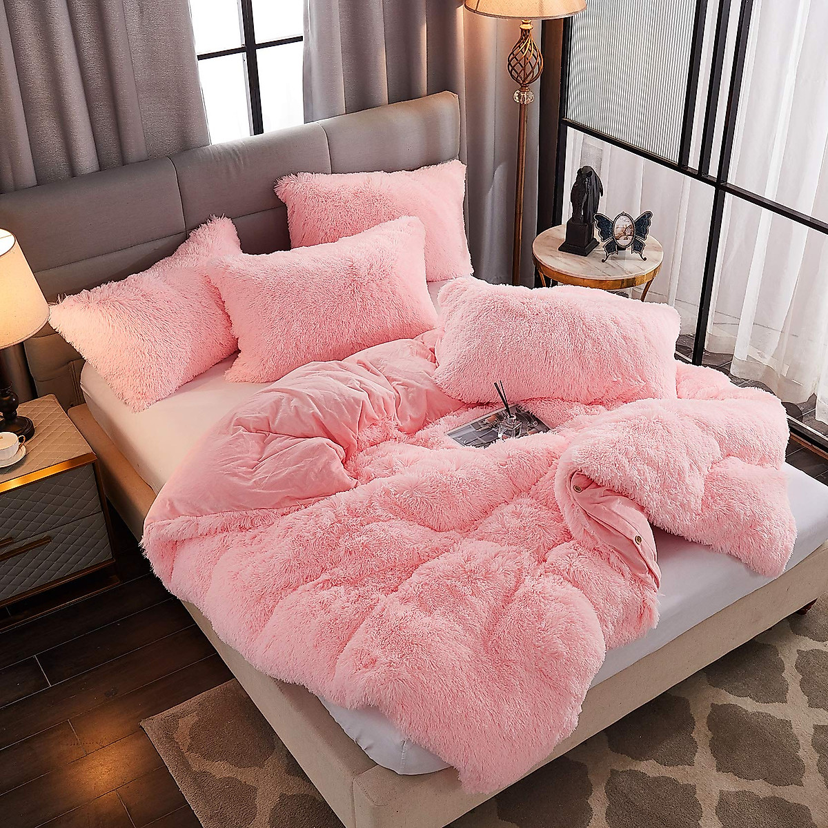 WERDIM Shaggy Fluffy Faux Fur Duvet Cover Set Button Closure Velvety Bedding Set Comforter Cover with Pillowcases Pink, Queen Size