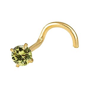 14K Solid Yellow Gold Natural Genuine Peridot Olive Nose Stud 20 GA, Twisted Crooked Screw Nose Stud, Screw Nose Stud, Body Jewelry Real Gold (2.50mm)