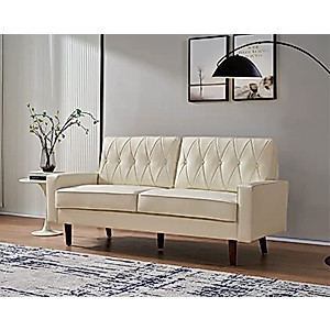Container Furniture Direct Modern Style Faux Leather Sofa with Elegant Round Tapered Legs and Button Tufted Backrest Perfect for Living Room, Bedroom or Home Office, 69.3’’ Wide, White