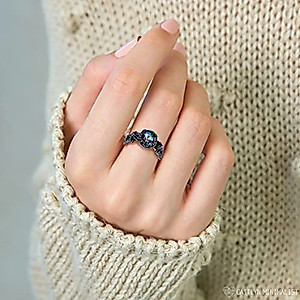 Tsnamer Gothic Black Rings for Women, Mystic Rainbow Topaz with Created Amethyst Flower Goth Black Gold Wedding Engagement Ring Size 6 to 11