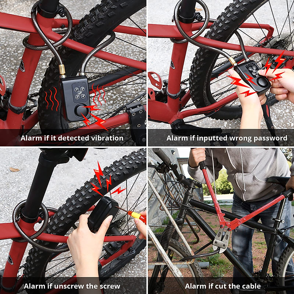 WSDCAM Bike Lock Alarm with Remote Universal Security Alarm Lock System Anti-Theft Vibration Alarm for Bicycle Motorcycle Door Gate Lock 110dB,31.49 inch Cable Length, IP55 waterproof Alarm Cable Lock