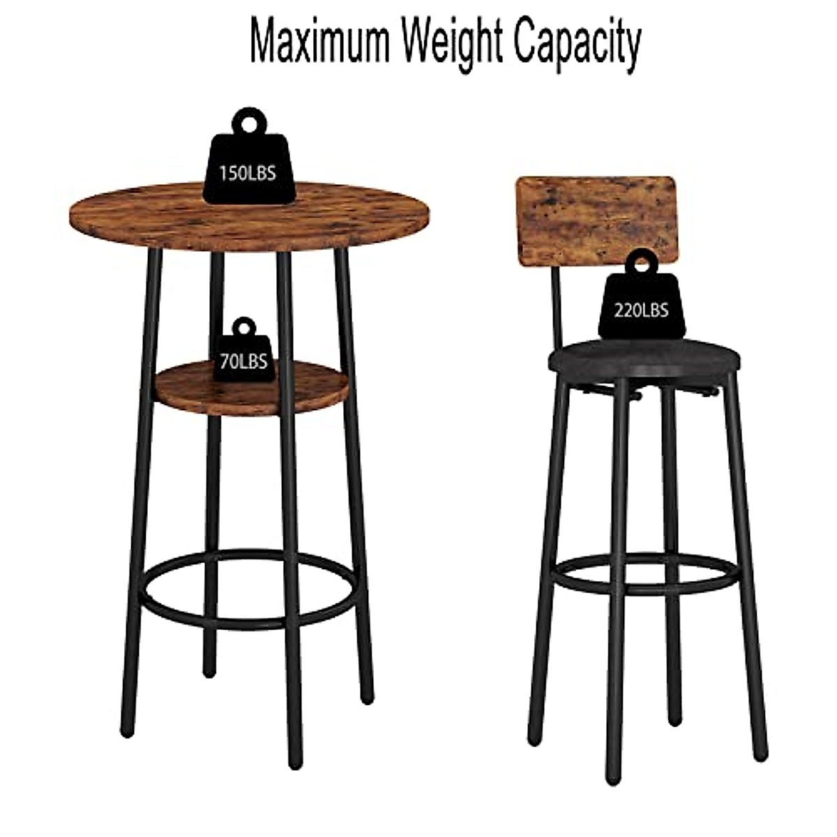 LTTROMAT 3 Piece Pub Table Set, Round Bistro Table and Bar Stool, Kitchen Counter Height Dining Table with Storage Shelves, Pu Cushion Chairs Set of 2, Modern Bar Table Set for Small Spaces