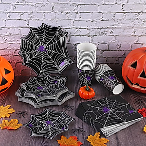 durony 100 Pieces Halloween Spider Web Party Supplies Tableware Set Including Halloween Spiderweb Dinner Paper Plates Cups Napkins Serves for 25, Halloween Party Decorations