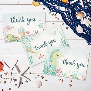 AnyDesign 36 Pack Sea Animal Thank You Cards Bulk Watercolor Cute Ocean Creatures Note Cards with Envelopes Stickers Funny Cartoon Blank Greeting Cards for Birthday Baby Shower, 4 x 6 Inch