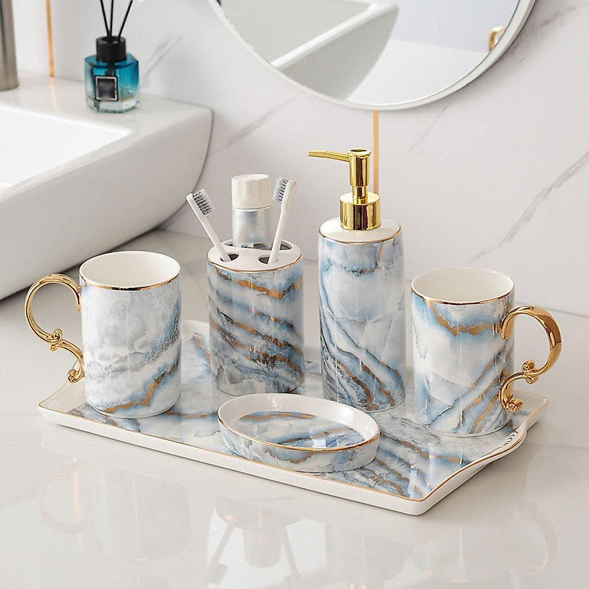 Soap Dispenser Accessories Set -6 Pieces Counter Top Bath Set Includes Soap Dispenser Toothbrush Holder Tumblers Soap Dish and Tray, Ceramic Soap Dispenser