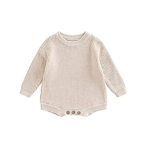 woshilaocai Baby Boy Girl Sweater Oversized Long Sleeve Romper Warm Crewneck Onesie CuteToddler Knitted Winter Clothes (12-24 Months,Cream)