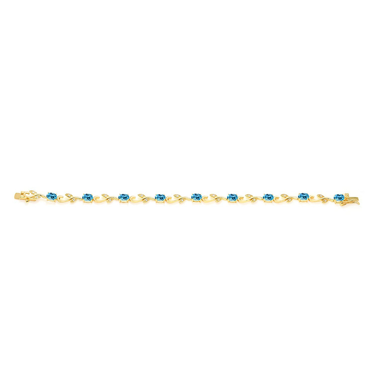 Gem Stone King 18K Yellow Gold Plated Silver Swiss Blue Topaz and Diamond Greek Vine 7 Inch Tennis Bracelet For Women