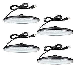 Gopretty 150W LED High Bay Lights 4 Pack, 6000K Daylight UFO High Bay Fixture, 5FT Cable with Plug, Perfect for Commercial Warehouse Barn Workshop Factory Area Lighting