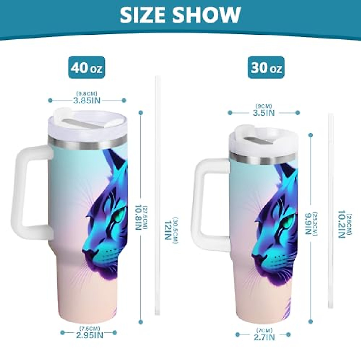 Nexawaveo Blue Hued Cat Tumbler With Handle And Straw 30-40oz Insulated Tumbler Cups With Lid Stainless Steel for Cold Water and Drinks for School Work Sports Car Travel and Weekends