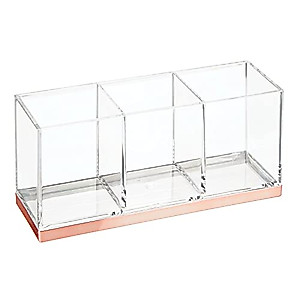 mDesign Plastic Makeup Organizer Caddy Bin with 3 Sections for Bathroom Vanity Countertops or Cabinet: Stores Makeup Brushes, Eye and Lip Pencils, Lipstick, Lip Gloss, Concealers - Clear/Rose Gold