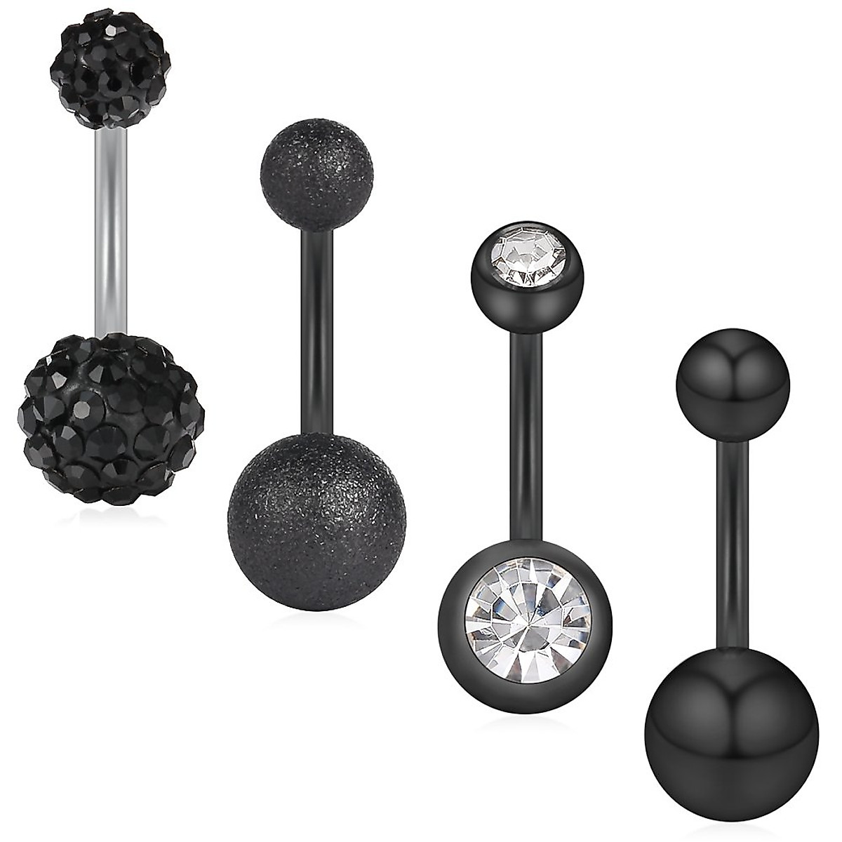 Ruifan 4PCS 14G Cubic Zirconia Ball Belly Button Rings Navel Barbell Body Jewelry Piercing - Black