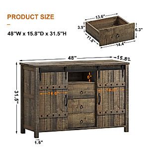 REAHOME Buffet Cabinet with Storage, 48" Sideboard Buffet Cabinet with Sliding Barn Doors & 3 Drawers, Farmhouse Wood Coffee Bar Cabinet Buffet Table for Kitchen, Dining Room, Rustic Brown
