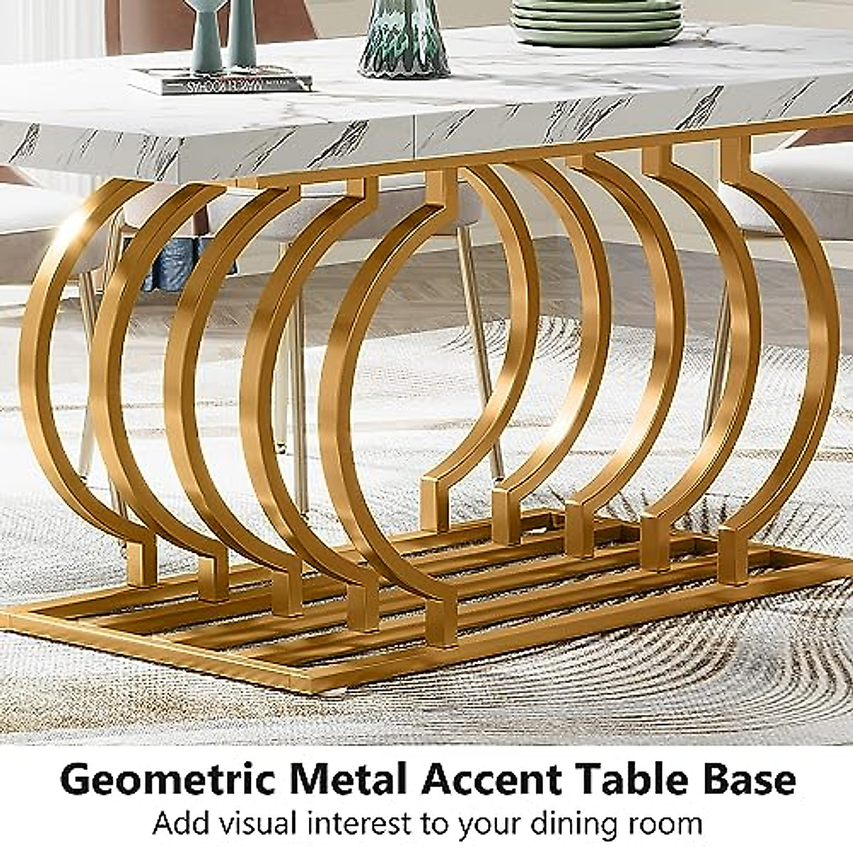 Tribesigns Modern Dining Table, 63 inch Faux Marble Wood Kitchen Table for 6 People, Rectangular Dinner Room Table with Geometric Frame for Kitchen, Dining Room (White & Gold)