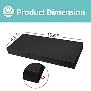 LaVie Home Floating Shelves, 15.6 Inch Wall Shelf Set of 3, Hanging Shelf with Invisible Brackets, Wall Decor for Bathroom, Bedroom, Living Room, Kitchen Storage, Classic Black