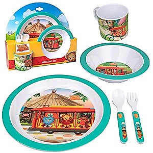 Daniel Tiger 5 Pc Mealtime Feeding Set for Kids and Toddlers - Includes Plate, Bowl, Cup, Fork and Spoon Utensil Flatware - Durable, Dishwasher Safe, BPA Free (Green)