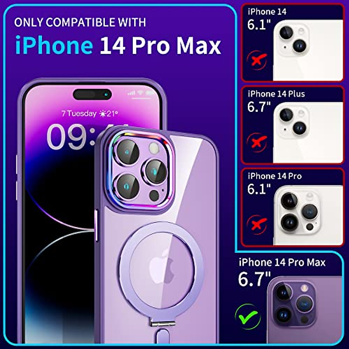 niufoey Magnetic Kickstand Case for iPhone 14 Pro Max,[Compatible with MagSafe] [Silicone Bumber & Hard Back] [Glitzy Camera Frames] Cute Slim Kickstand Cover 6.7 inch for Women Men-Purple
