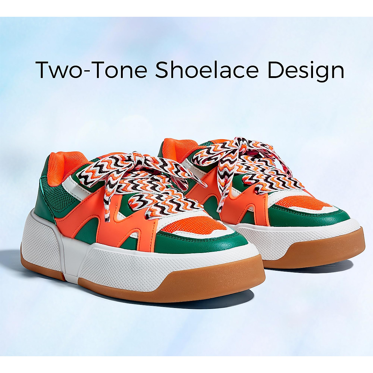 LUCKY STEP Women’s Platform Fashion Sneakers Lace up Casual Faux Leather Comfortable Thick Sole Tennis Walking Shoes (Green/Orange, 7 B(M) US)