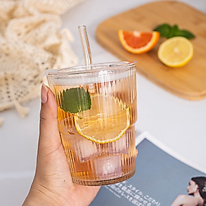 QWEZXO 13OZ/400ML Ice Coffee Glass Tumbler, Thick Wall Water Glass Cup Mug Tea with Straw and Lid Sealed Carry On （Clear）