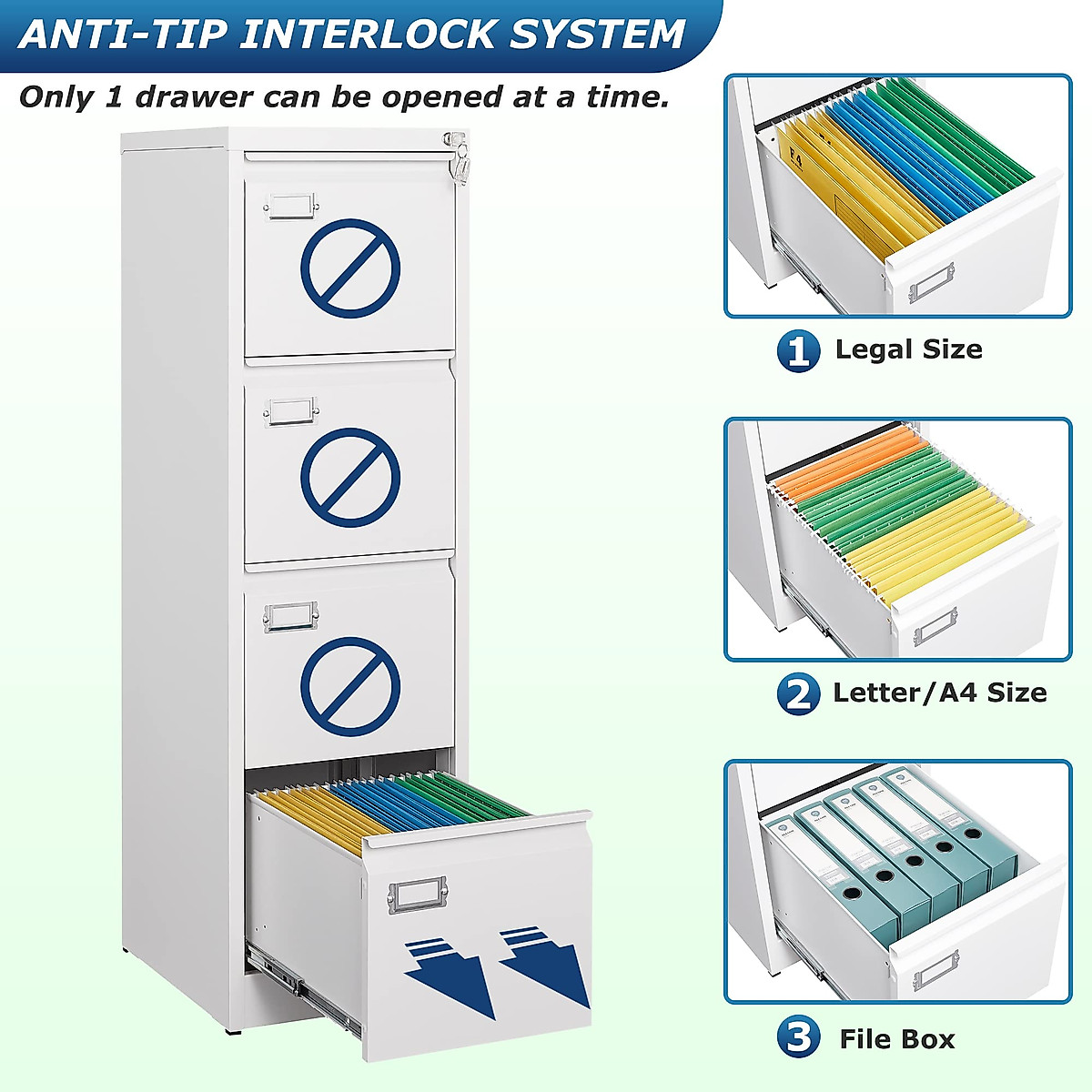AFAIF 4 Drawer File Cabinet with Lock, Office File Cabinets for Home Office,18" Deep Metal Narrow Vertical Filing Cabinet, White File Cabinet Office Storage Cabinet Organizer fits Letter/Legal Size