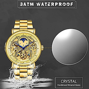 Tiong Mens Skeleton Automatic Mechanical Watch Golden Vintage Moon Phase Steel Male Wristwatch