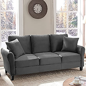 LUCKHAO Velvet Sofa Couch for Living Room,78” Upholstered 3-Seater Couch wiht Solid Wood Frame Legs,Modern Comfy Sofa with 2 Pillows for Living Room(Grey)