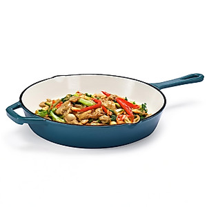 Bruntmor Cast Iron Pan 25cm - Cast Iron Skillet with Pour Spout, Round Frying Pan - Cast Iron Cookware, Crock Pot - Cooking Tools & Kitchen Essentials - Teal